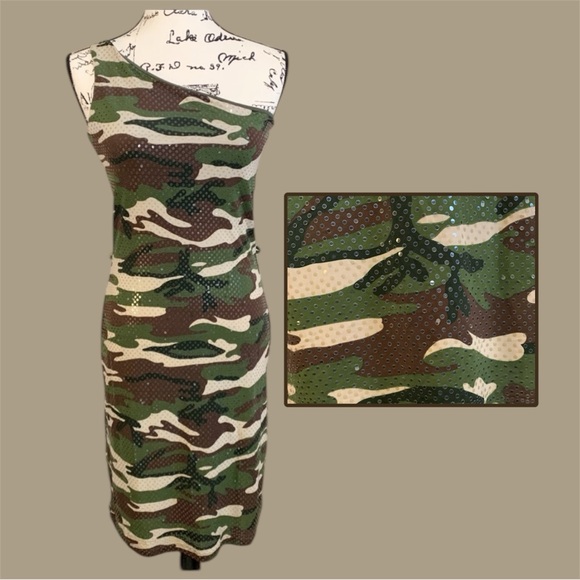 Windsor | Dresses | Windsor Green Camo Sequin One Shoulder Dress M ...